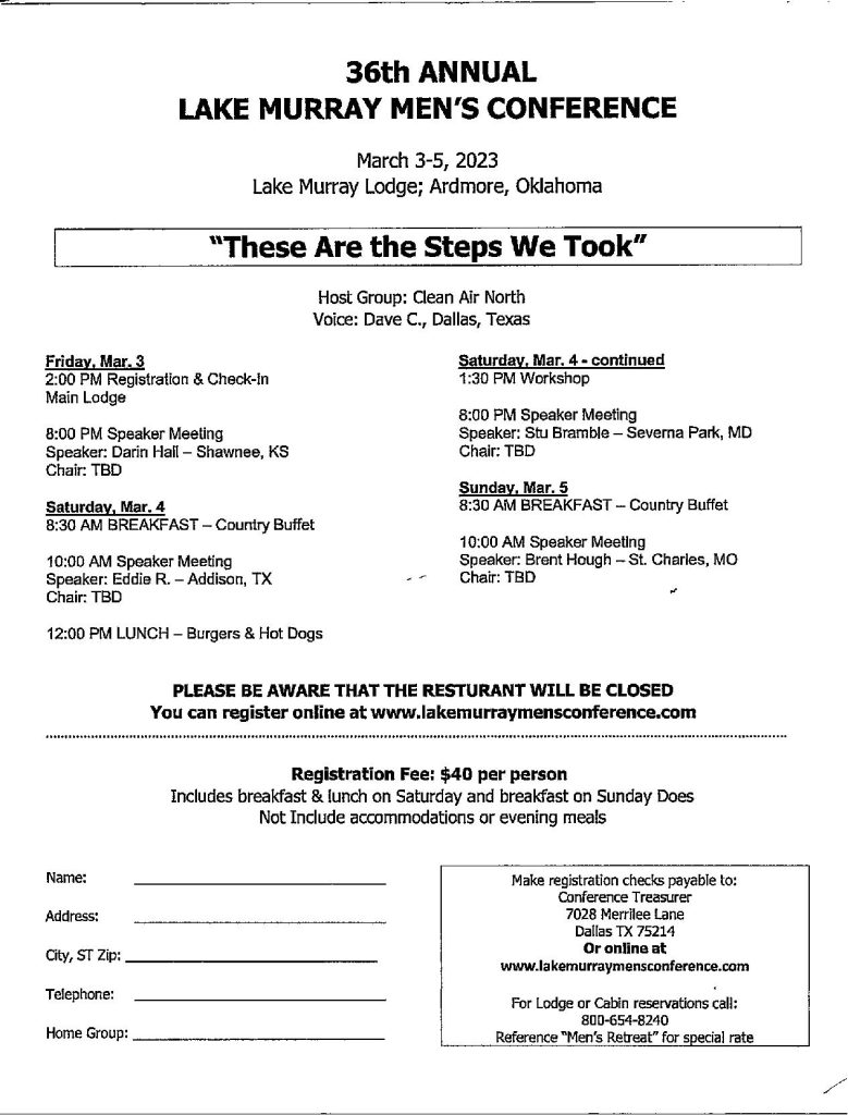 36th Annual Lake Murray Men's Conference - Dallas AA Central Office